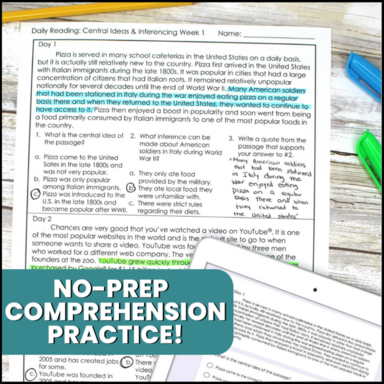 Reading Comprehension Passages & Questions Bell Ringers for Middle ...