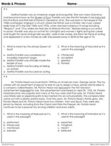 Words & Phrases Reading Comprehension Passages and Questions Quick ...